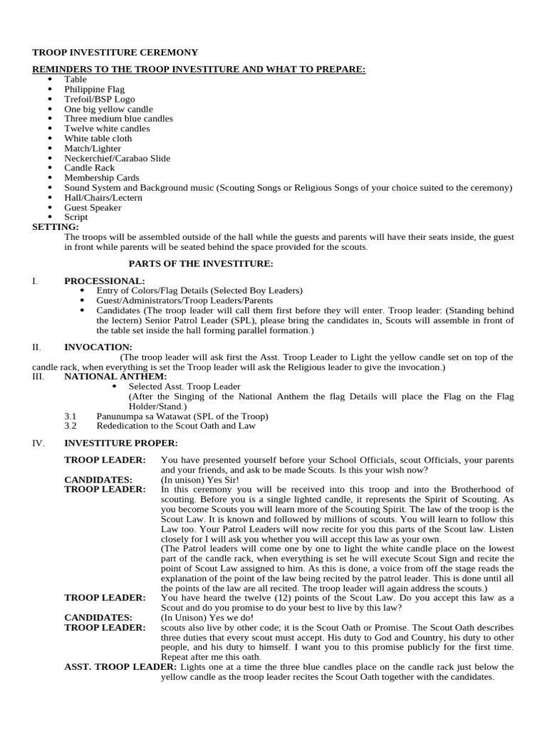 Troop Investiture Ceremony | PDF | Scouting | Foreign Language Studies
