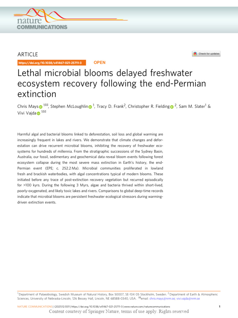 Lethal Microbial Blooms Delayed Freshwater Ecosyst | PDF