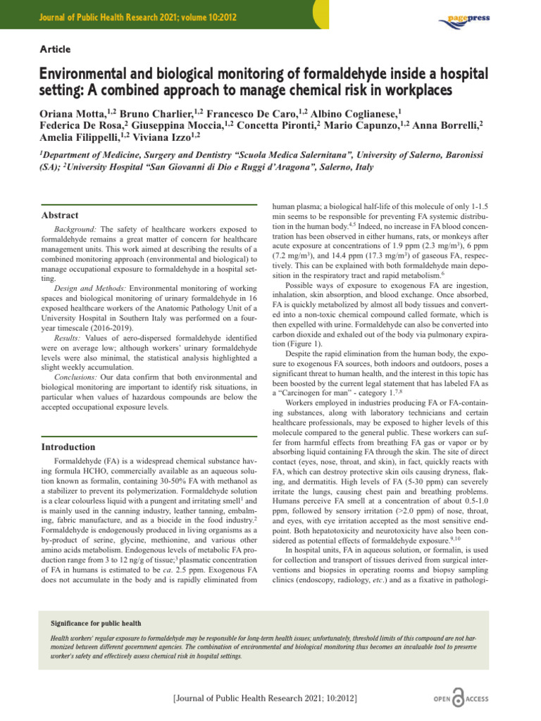 2021 Enviromental Biological Monitoring Formaldehyde Hospital | PDF ...