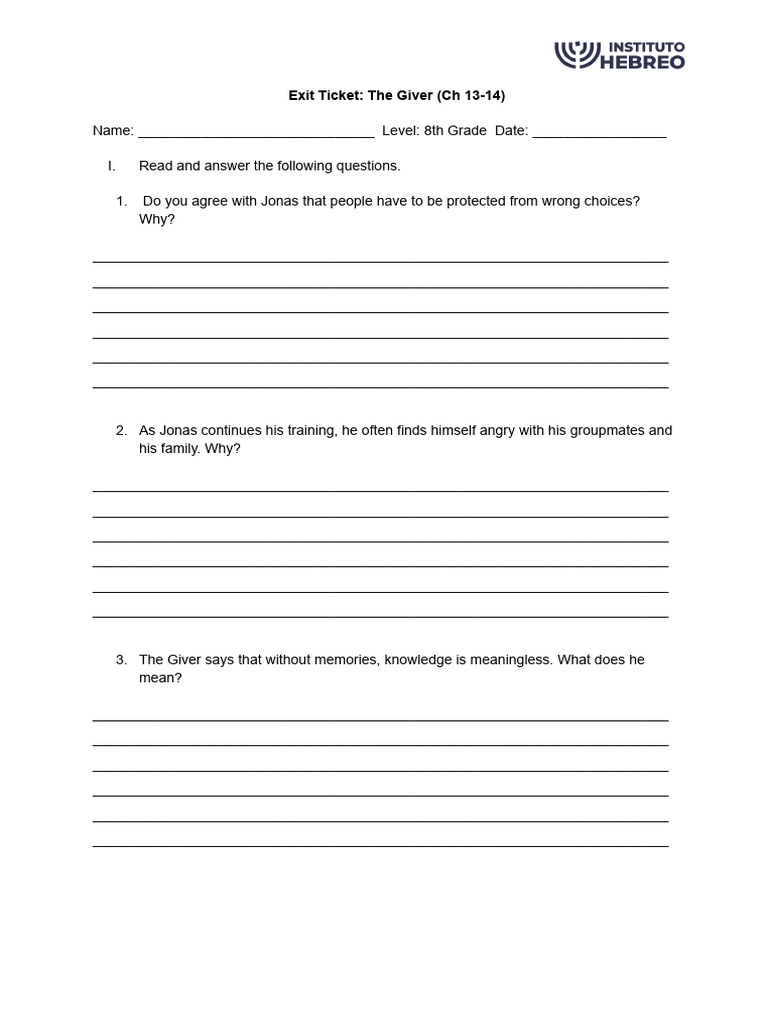 Exit Ticket Activity - The Giver CHP 13 | PDF