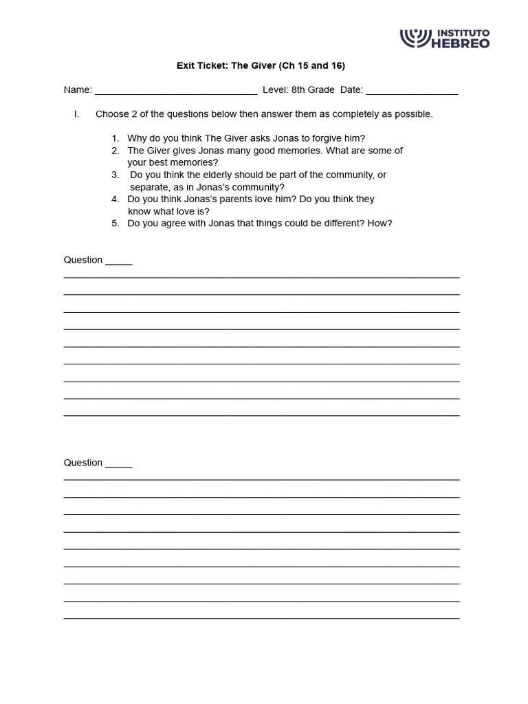 Exit Ticket Activity - The Giver CHP 15 and 16 | PDF