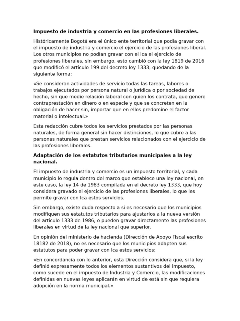 Impuesto de Industria y Comercio en Las Profesiones Liberales | PDF
