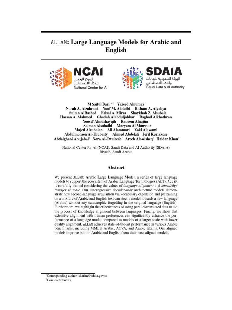 ALLaM - Large Language Models For Arabic and English | PDF