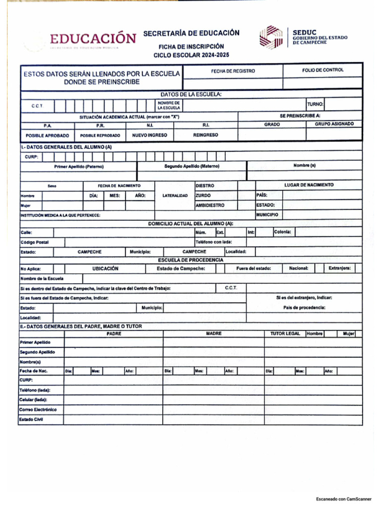 Ficha de Inscripción Ciclo Escolar 2024-2025 | PDF