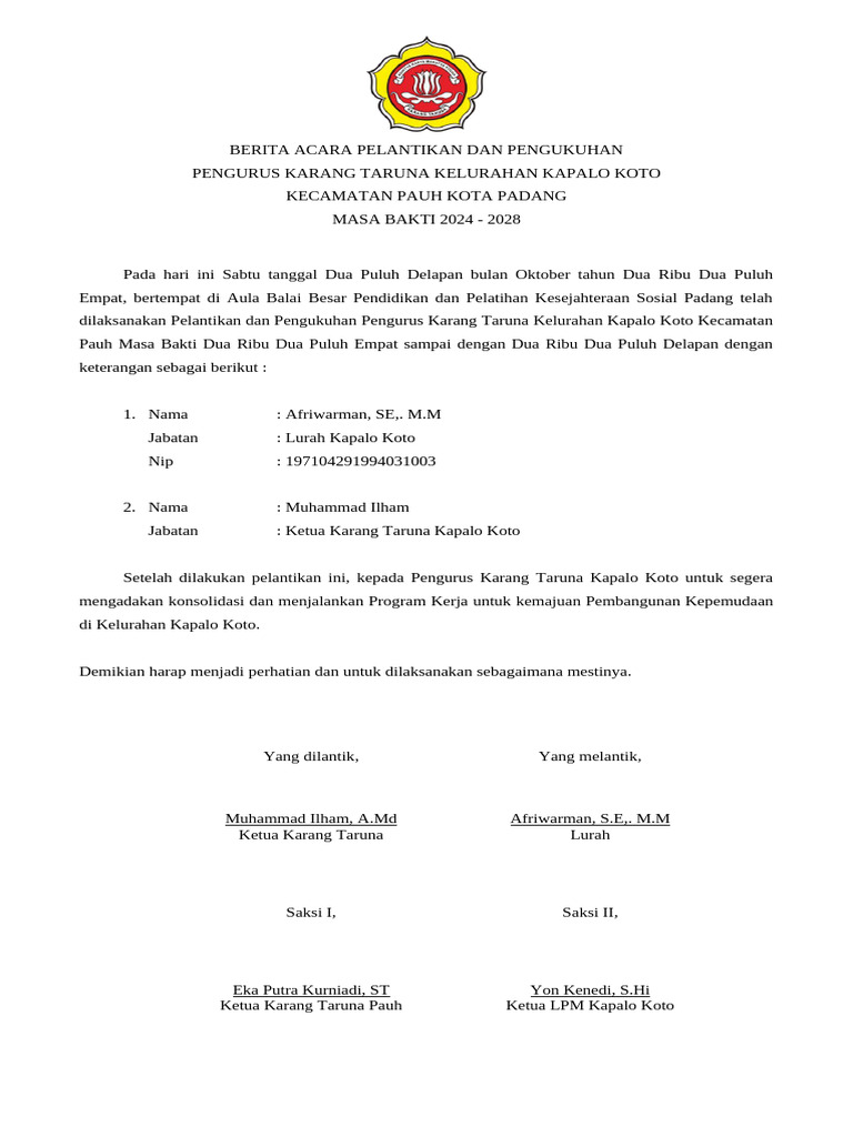Berita Acara Pelantikan Karang Taruna | PDF Berita Acara Pelantikan Karang Taruna | PDF