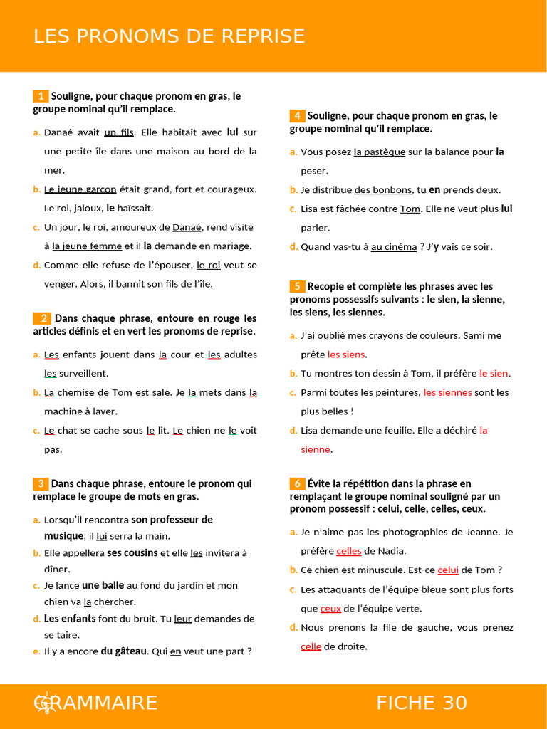 Les Pronoms de Reprise Correction | PDF