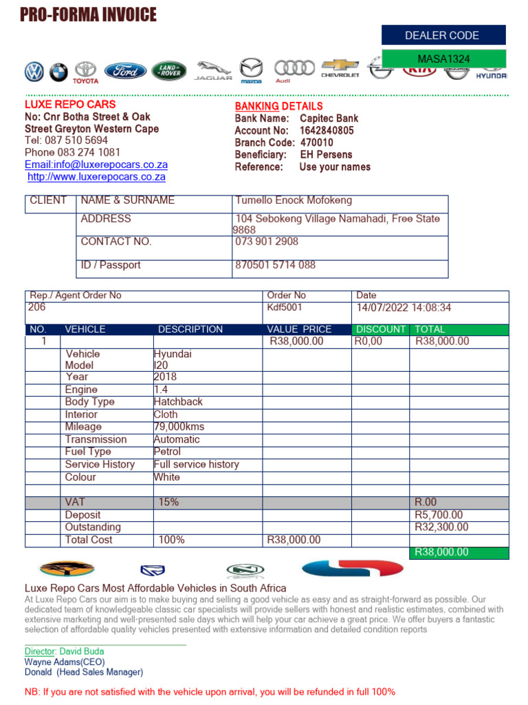 Hyundai I20 Pro-Forma Invoice 2018 | PDF | Invoice | Car Body Styles