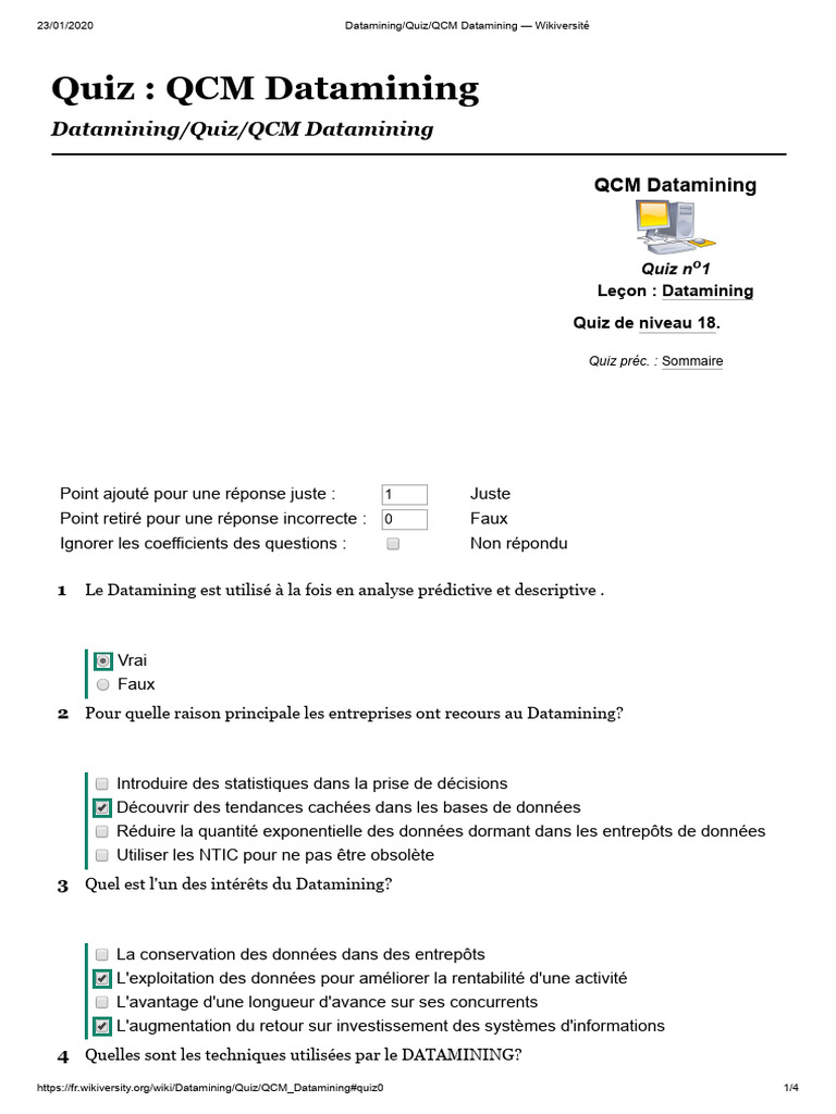 Datamining - Quiz - QCM Datamining | PDF | Data Mining | Data
