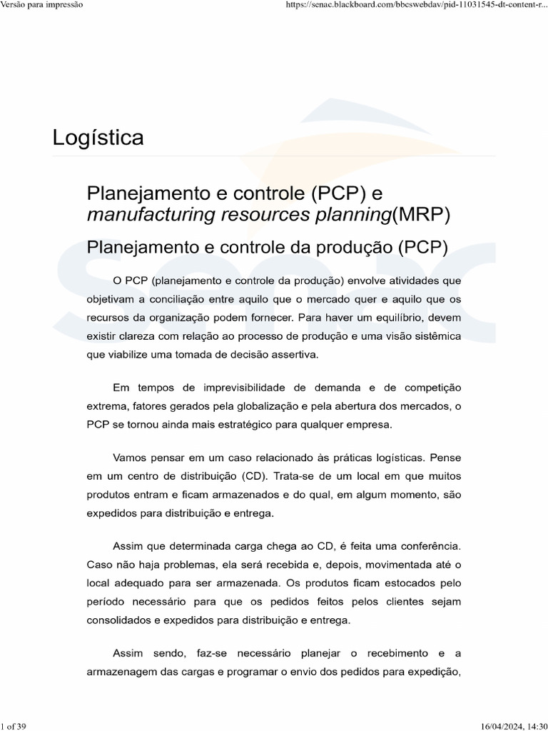 Planejamento e Controle (PCP) e Manufacturing Resources Planning (MRP) | PDF