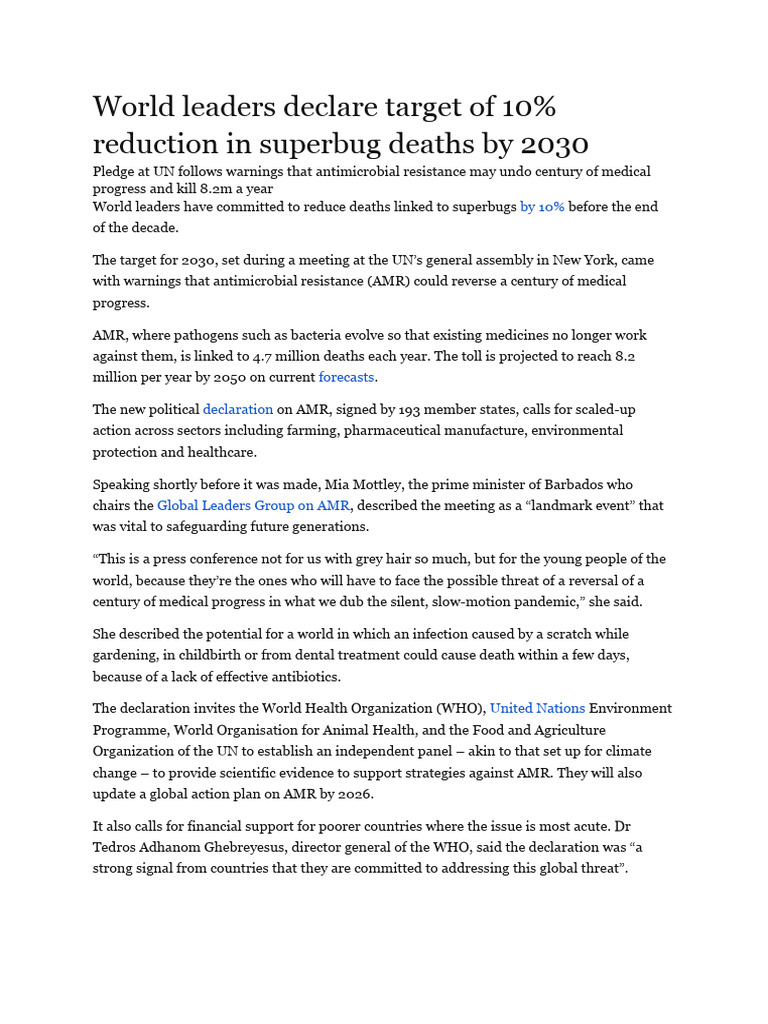World Leaders Declare Target of 10% Reduction in Superbug Deaths by ...