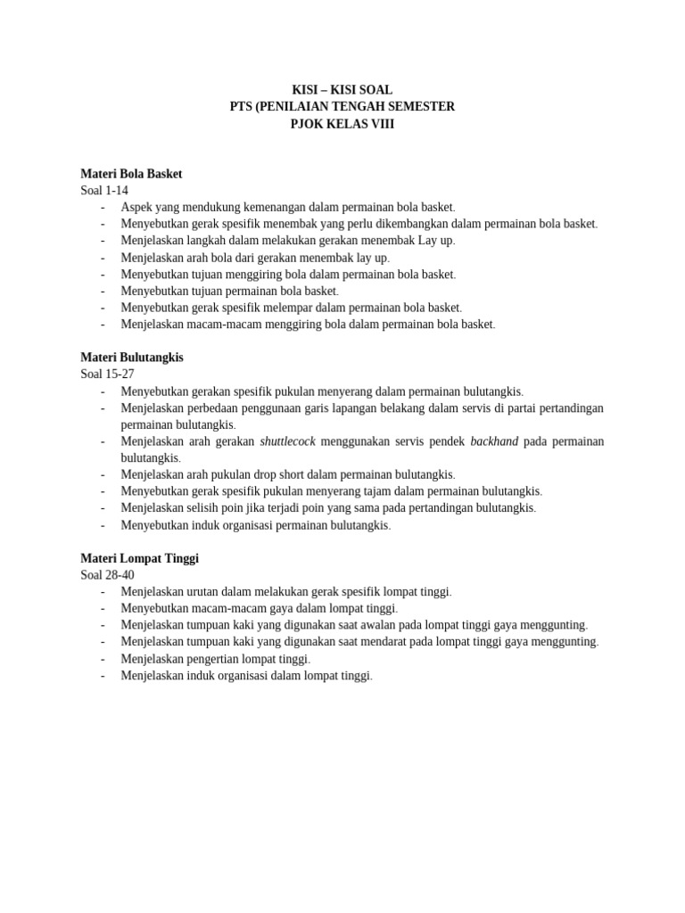 KISI2 Soal PJOK Sem 2 | PDF