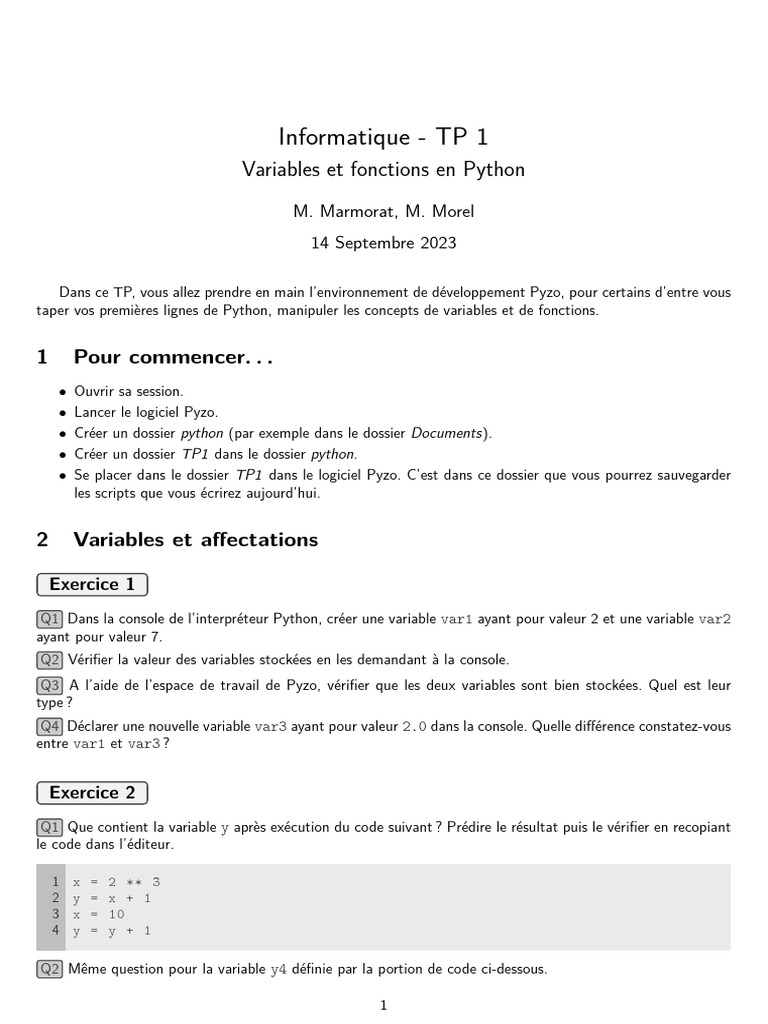 TP1. Variables Et Fonctions. | PDF