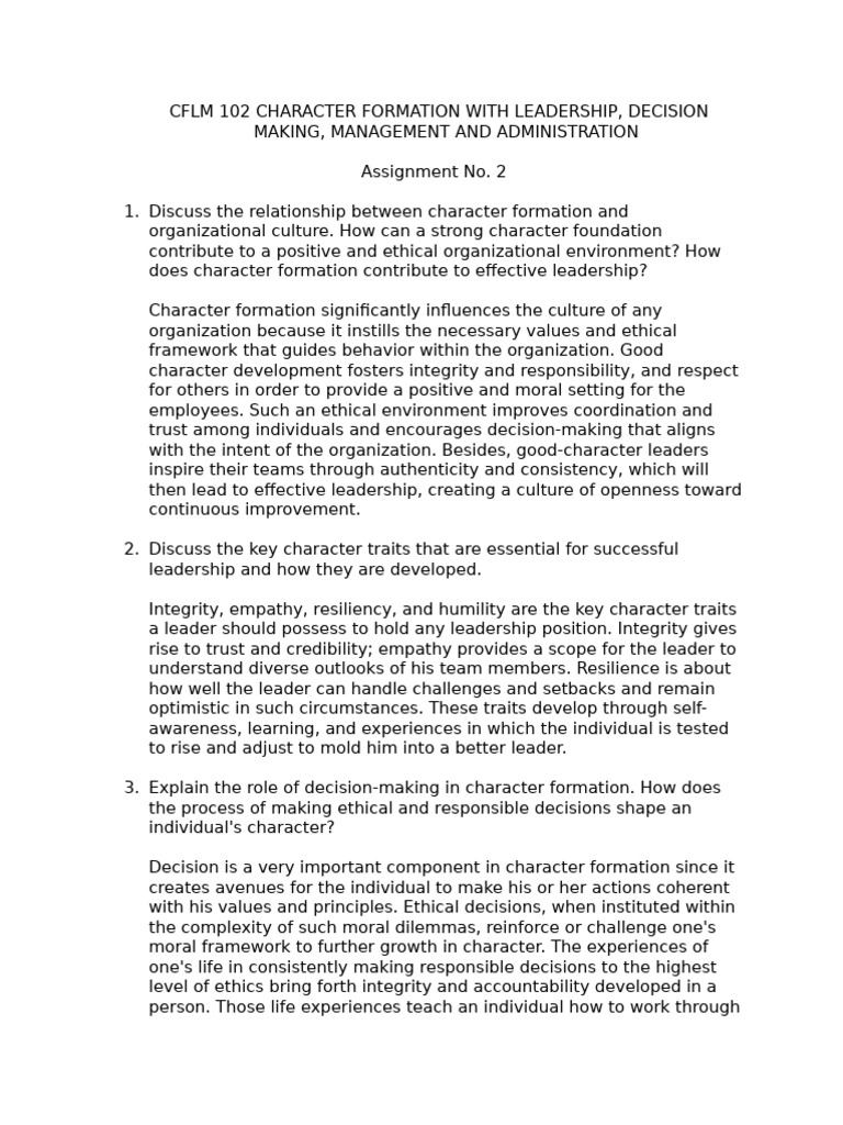 Assignment No. 2 CFLM 102 | PDF | Leadership | Integrity
