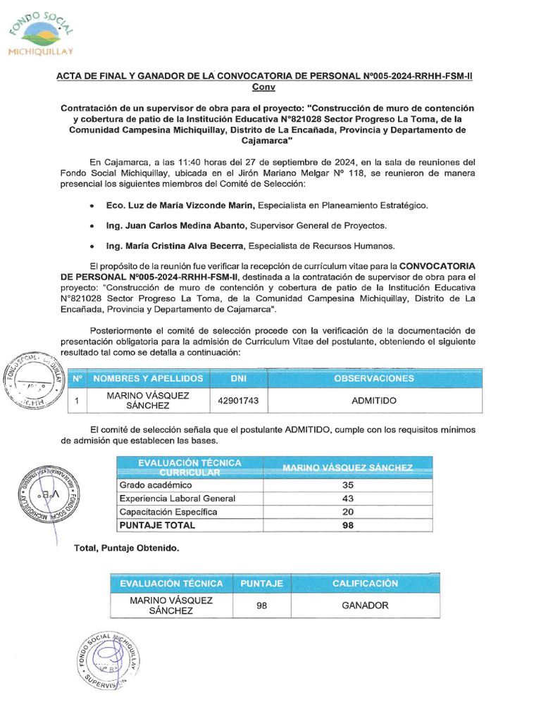 Acta Final y Ganador CDP Nº005 | PDF