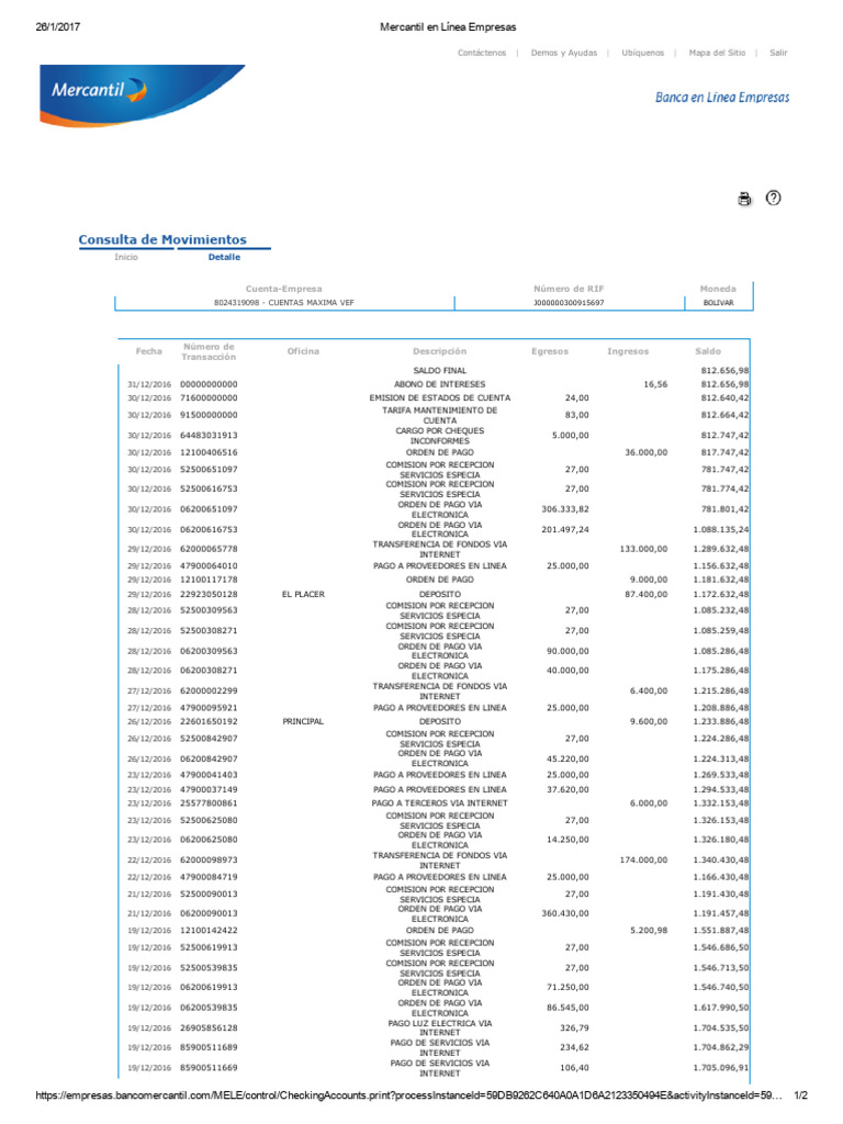 Estado de Cta Asoplacer Diciembre 2016 Maxima | PDF