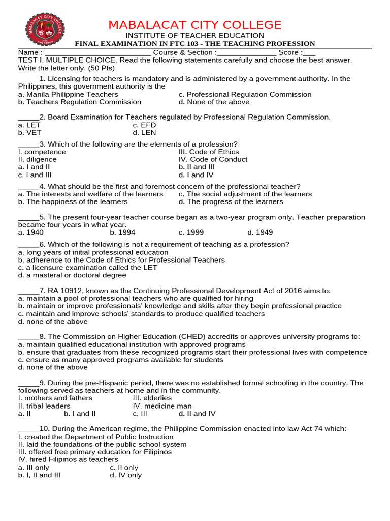 FTC103-Teaching Profession Final 2024 FINALS (MCC) Test - Questionaire ...