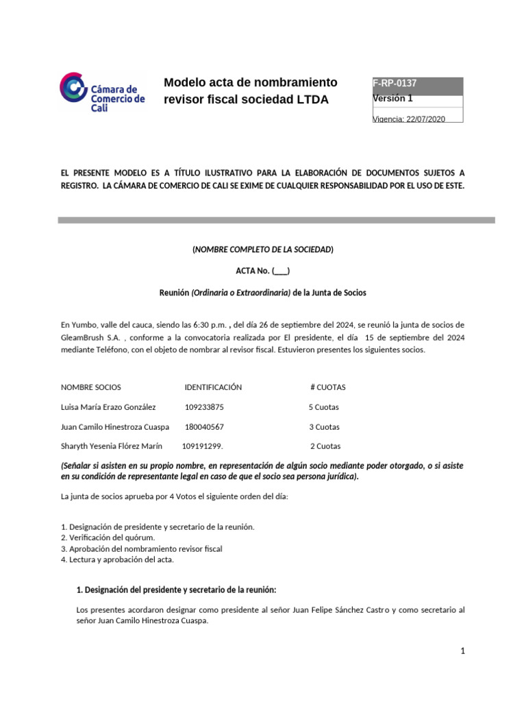 Modelo de Acta para Nombramiento de Revisor Fiscal | PDF | Gobierno ...