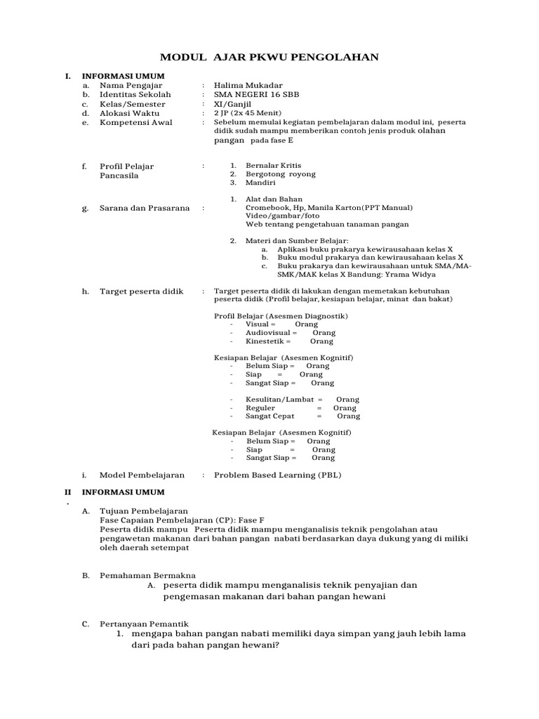 Modul PKWU Kelas XI SMA 16 SBB | PDF