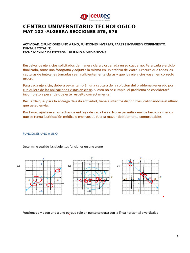 Actividad 2. Funciones Uno A Uno, Inversas, Desplazamientos, Funciones Pares e Impares | PDF
