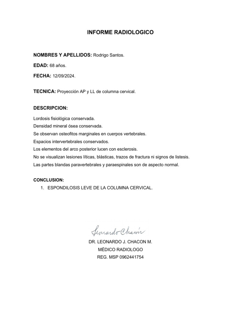 Informe RX AP y LL Columna Cervical Rodrigo Santos | PDF