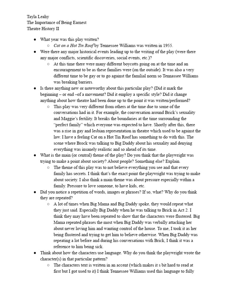 Tayla Leahy Cat On A Hot Tin Roof Survey: Theatre History II | PDF