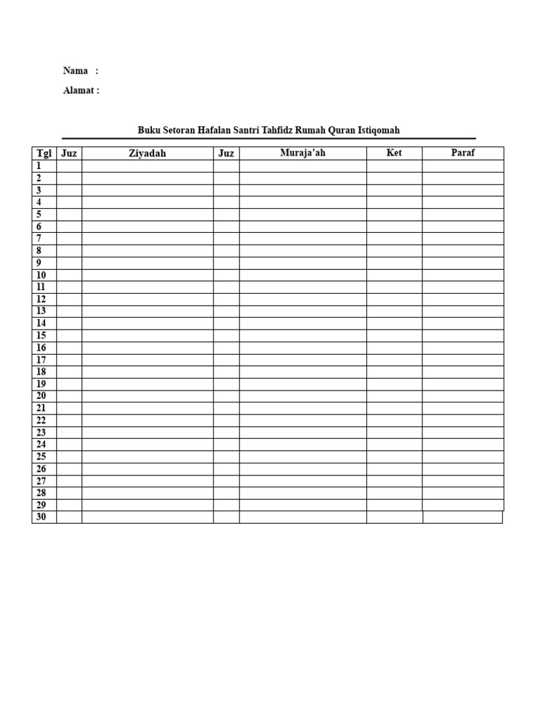 Buku Setoran Hafalan Santri Tahfidz Rumah Quran Istiqomah | PDF