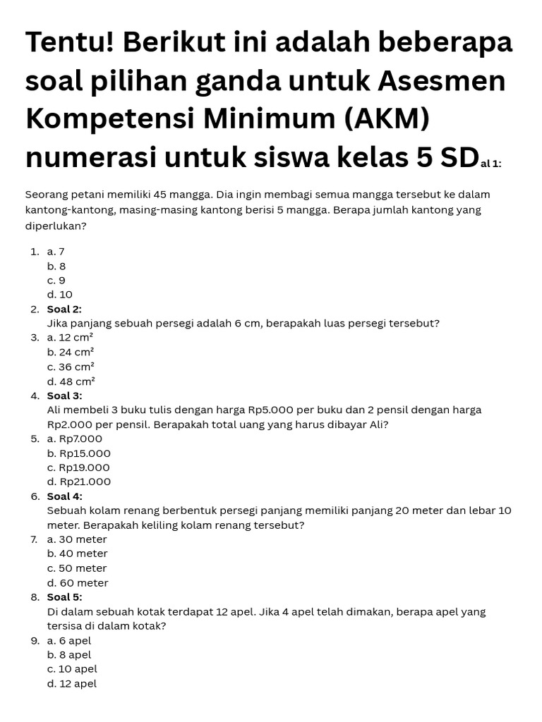 Tentu! Berikut Ini Adalah Beberapa Soal Pilihan Ganda Untuk Asesmen Kompetensi Minimum (AKM ...