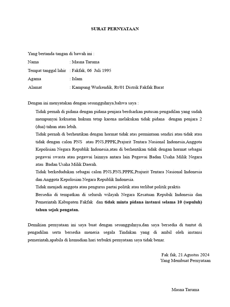 SURAT PERNYATAAN masna | PDF SURAT PERNYATAAN masna | PDF