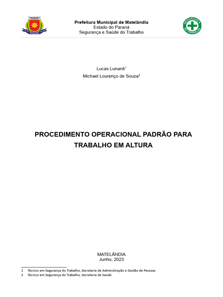 Procedimento Operacional Padrao para Trabalho em Altura 1a Edicao | PDF