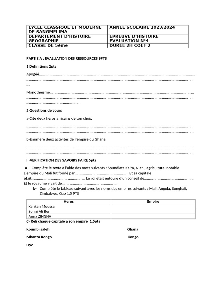 EVAL 4 Histoire 5eme Lcms - 021022 - 014831 | PDF