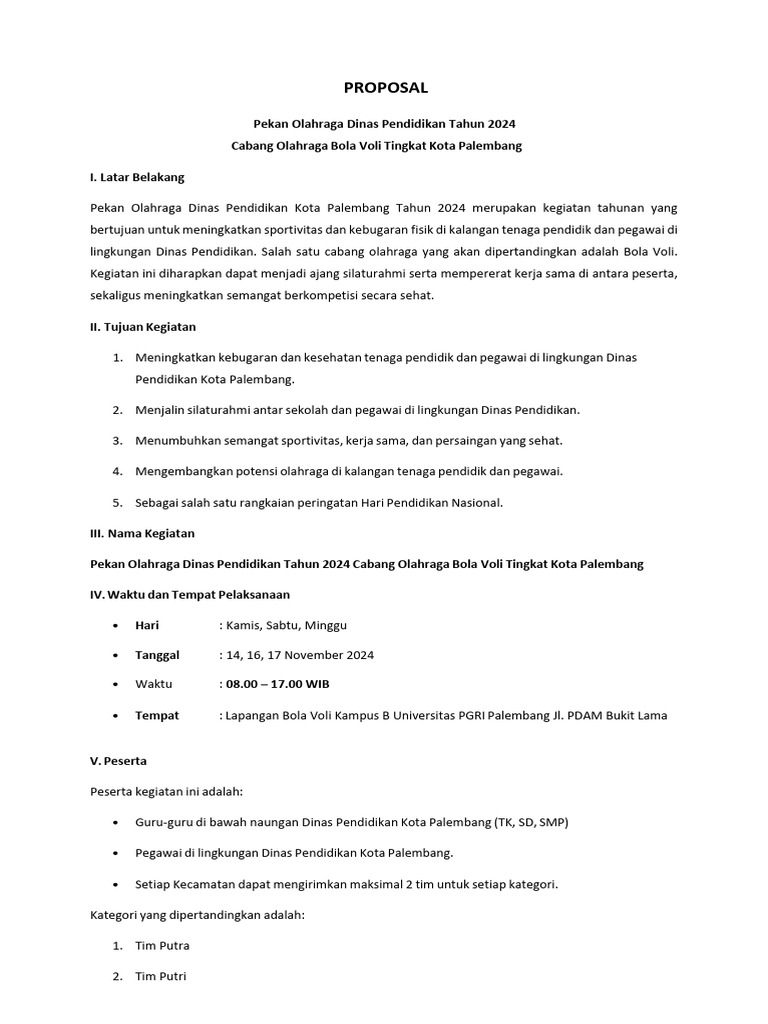Proposal Bola Voli Pekan Olahraga Dinas Pendidikan Tahun 2024 | PDF