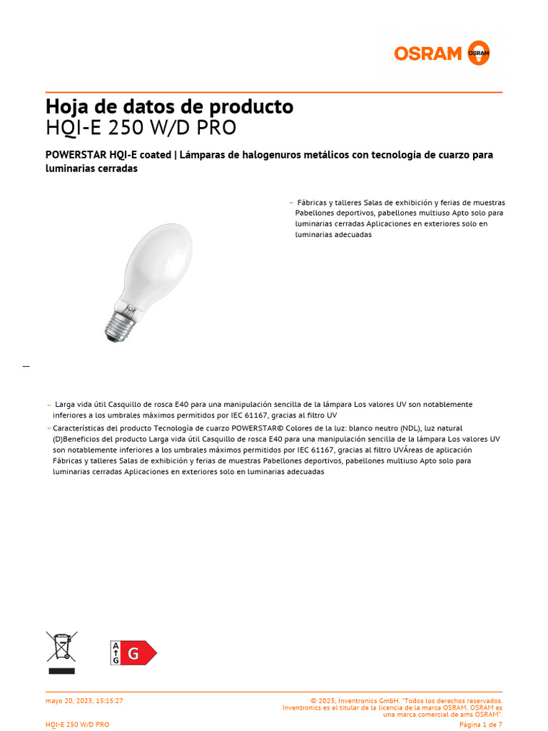 OSRAM Powerstar ZMP - 58148 - HQI-E - 250 - W - D - PRO | PDF