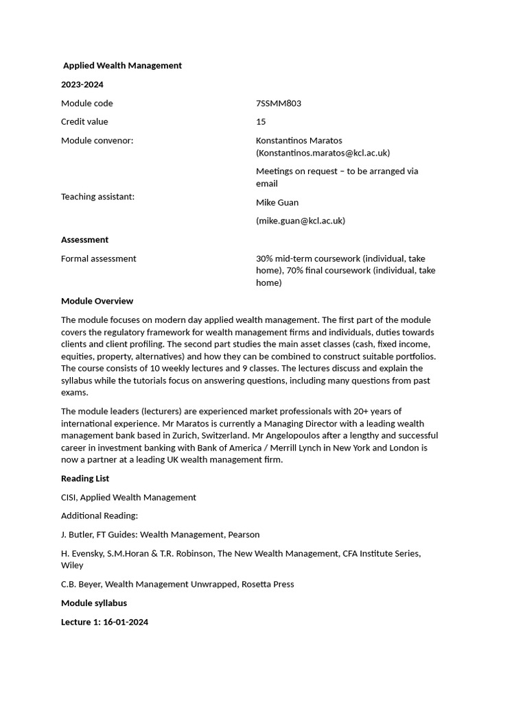 7QQMM803 Applied Wealth Management Module Summary 20232024 | PDF