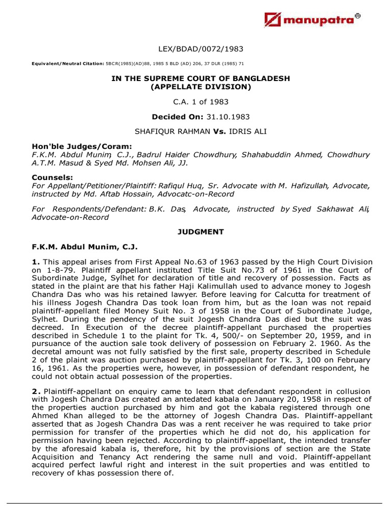 SHAFIQUR RAHMAN Vs IDRIS ALI 31101983 BDADBDAD830072COM989703 | PDF | Lawsuit | Law