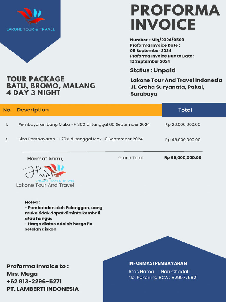Proforma Invoice Lakone Tour | PDF
