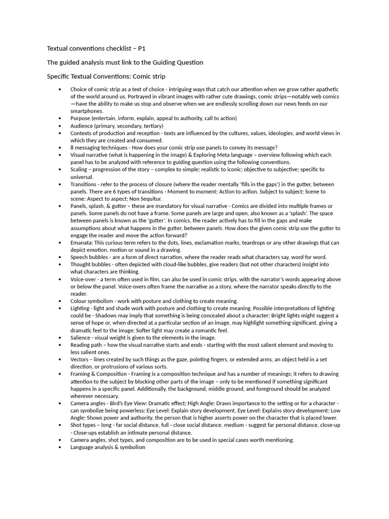 Textual Conventions Checklist - Comic Strips and Cartoons | PDF
