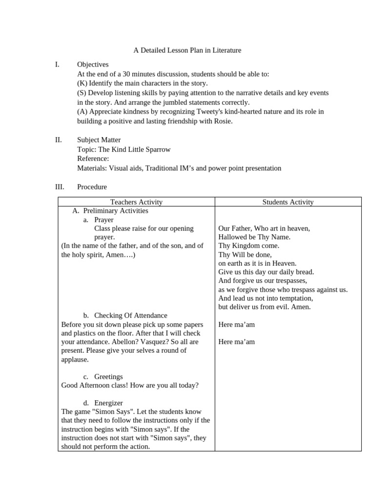A Detailed Lesson Plan in Literature. Not Yet Done | PDF