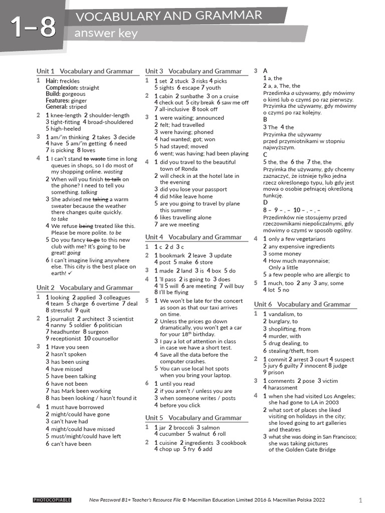 NP B1+ Vocab Grammar Answer Key | PDF