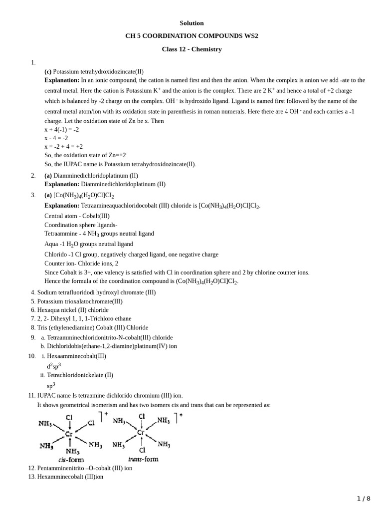 Coordination Compounds Ws2 Sol (Nomenclature of Coordination Compounds) | PDF