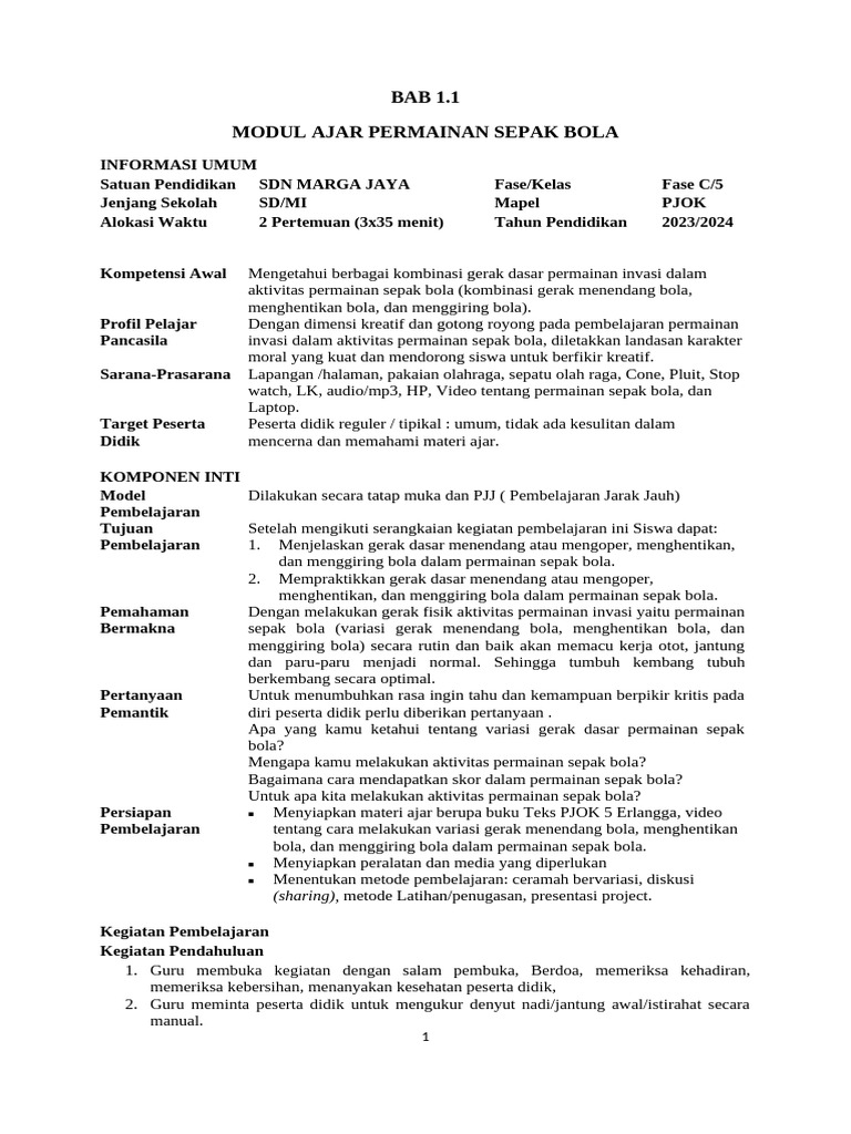 MODUL AJAR PJOK 5 BAB 1.1 (Permainan Sepak Bola) | PDF