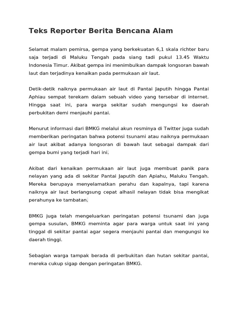 Teks Reporter Berita Bencana Alam | PDF