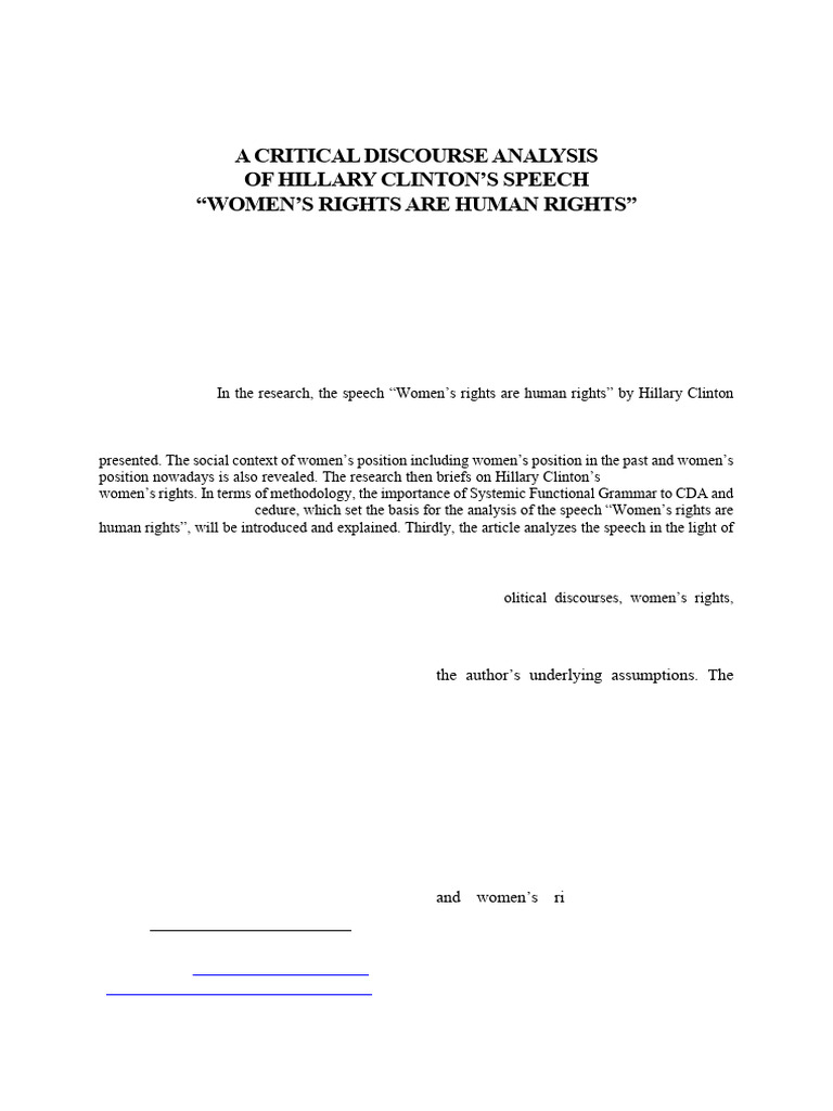 A Critical Discourse Analysis of Hillary Clinton'S Speech "Women'S ...