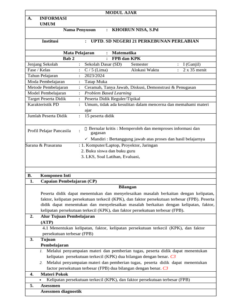 Modul Ajar MTK Kelas 5 Faktor | PDF