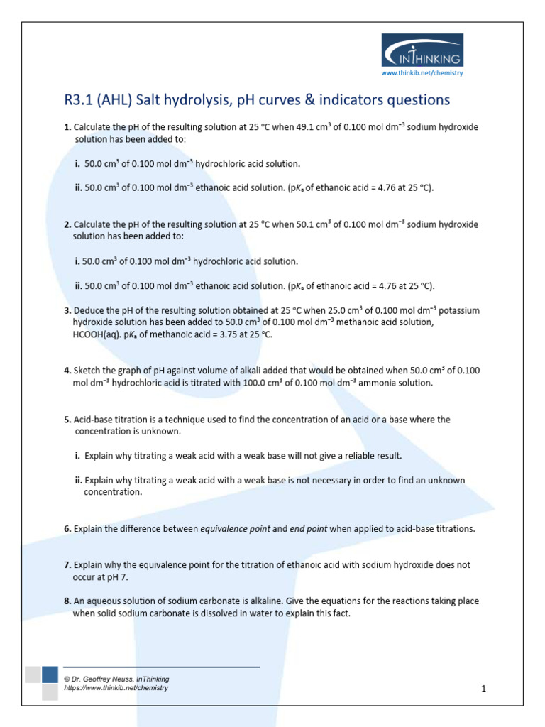 r3.1-(ahl)-salt-hydrolysis,-ph-curves-indicators-questions | PDF