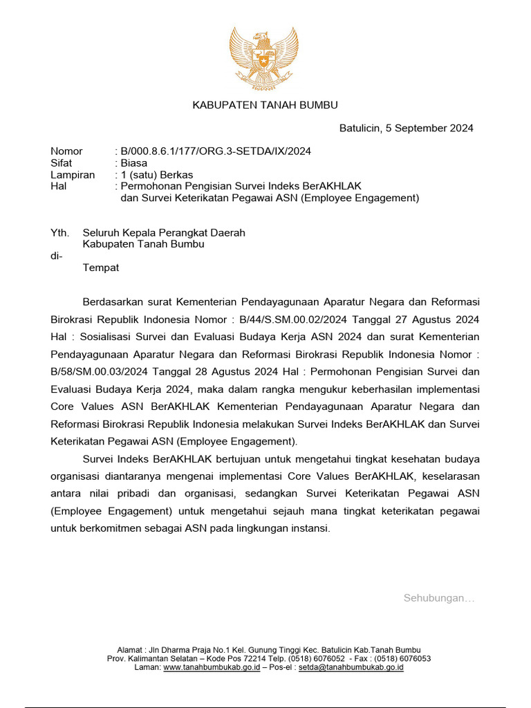 Surat Survei Indeks BerAKHLAK Dan Employee Engagement | PDF