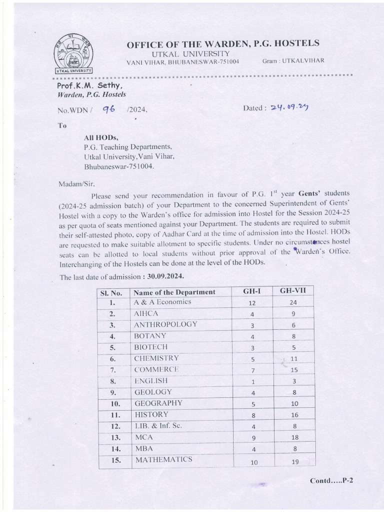Allotment of Gents Hostel for the Session 2024-25 | PDF