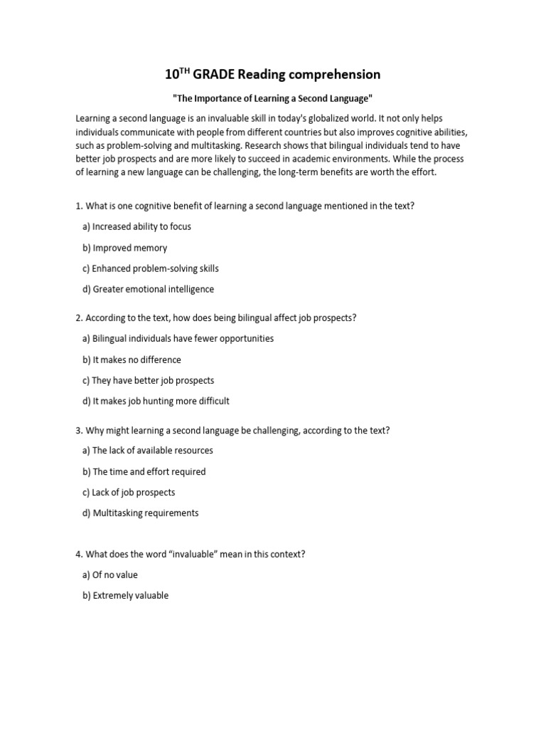 10TH Reading Comprehension | PDF | Multilingualism | Career & Growth
