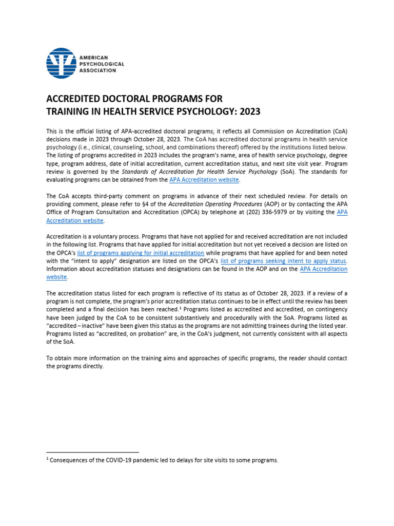 2023 APA Accredited Doctoral Programs | PDF