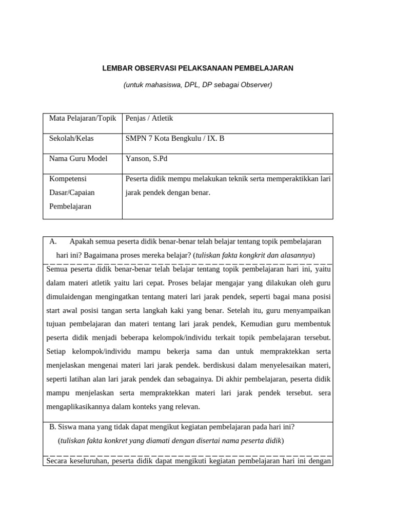 B4-5 Unggah LK 4 - Lembar Observasi Pembelajaran Observer - Siklus 1 | PDF