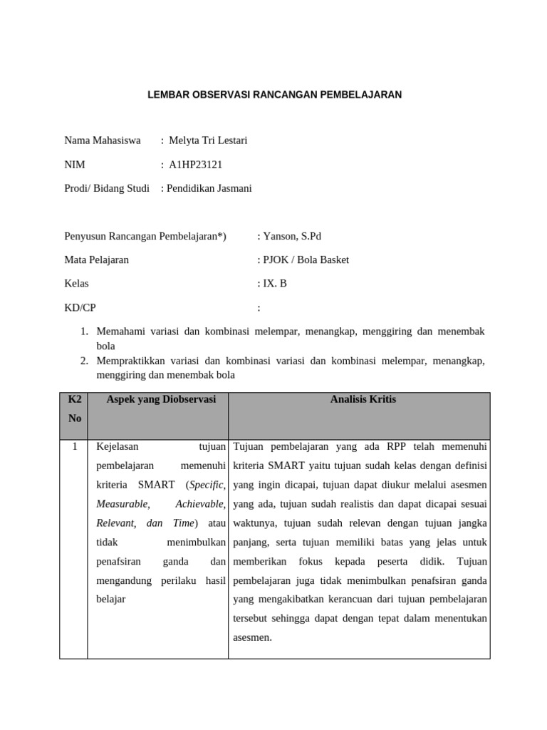 B4-4 Unggah LK 3 - Lembar Observasi Rancangan Dan Perangkat Pembelajaran - Siklus 1 | PDF